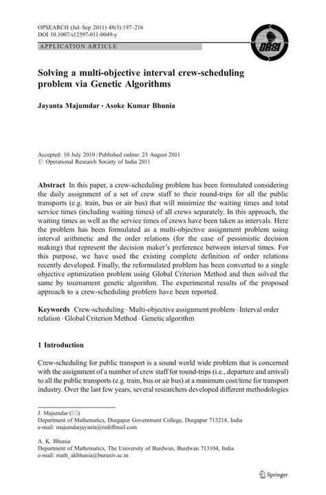 Pdf Solving A Multi Objective Interval Crew Scheduling Problem Via Genetic Algorithms