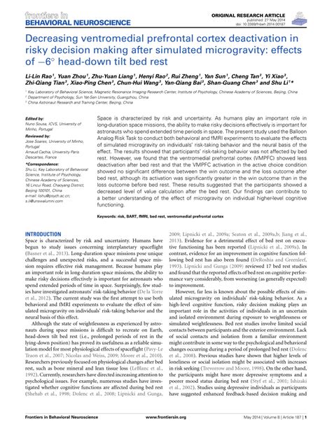 Pdf Decreasing Ventromedial Prefrontal Cortex Deactivation In Risky Decision Making After