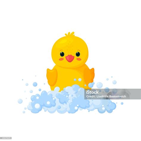 흰색 배경에 고립 된 거품이있는 비누 거품의 고무 오리 노란색 플라스틱 오리 장난감의 전면 보기는 비눗물에 벡터 일러스트레이션 오리 새끼에 대한 스톡 벡터 아트 및 기타