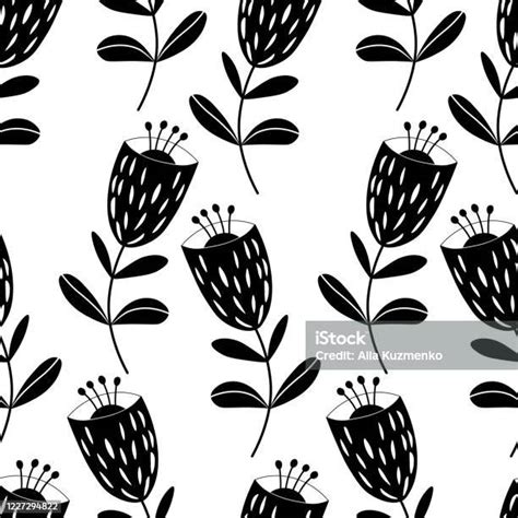 전통적인 민속 예술 장식품을 기반으로 한 매끄러운 꽃 패턴 흰색 배경에 검은 꽃입니다 스칸디나비아 스타일입니다 스웨덴 북유럽 스타일입니다 직물 섬유 벽지에 대한 벡터 그림