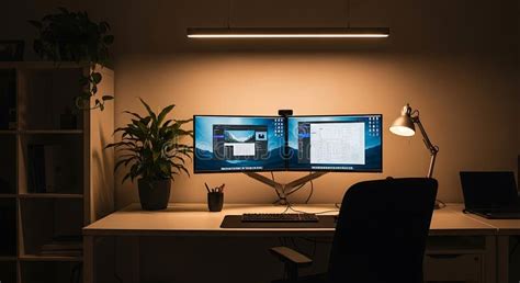 Modern Workspace Featuring A Clean White Desk With Two Curved Monitors Stock Illustration