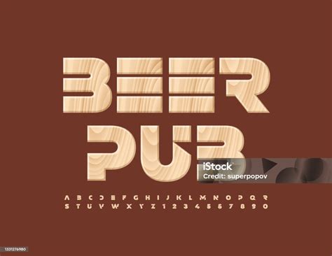 벡터 프리미엄 배너 맥주 펍 나무 질감 알파벳 편지와 숫자 세트 그래픽 프린트에 대한 스톡 벡터 아트 및 기타 이미지 그래픽