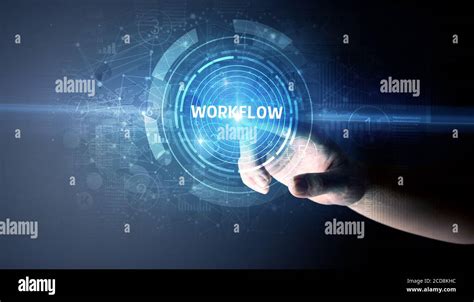 Hand Touching WORKFLOW Button Modern Business Technology Concept Stock