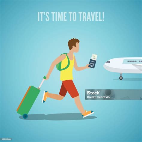 여행사 웹 사이트 플라이어 브로셔 휴가 관광 벡터 일러스트 레이 션 하는 시간 배낭과 가방 수하물 비행기에서 실행에 티켓 남자 사람들 국가 도시 명소를 방문 하십시오 관광에