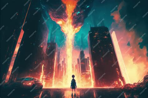 Un Joven Sostiene Una Antorcha Encendida En Medio De Una Extraña Metrópolis Donde Los Edificios