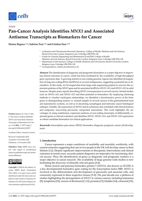Pdf Pan Cancer Analysis Identifies Mnx1 And Associated Antisense Transcripts As Biomarkers For