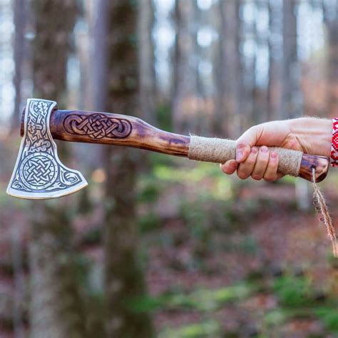 Engraved Celtic Axe Handcrafted Birch Wood Handle With Intricate