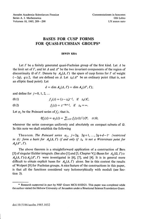 Pdf Bases For Cusp Forms For Quasi Fuchsian Groups
