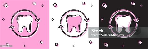 분홍색과 흰색 검은 색 배경에 격리 된 치아 미백 개념 아이콘을 설정합니다 치과 진료소 또는 치과 의료 센터에 대한 치아 기호 벡터 개념에 대한 스톡 벡터 아트 및 기타