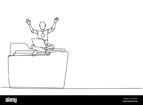 Single One Line Drawing Robotic Artificial Intelligence Sitting On Giant Folder Holding Laptop