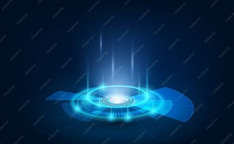 Hud 스타일 순간 연단에서 포털 및 홀로그램 미래 원형 요소 Gui Ui 가상 현실 프로젝터 추상 홀로그램 기술 프리미엄 벡터