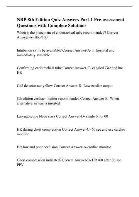 Nrp 8th Edition Quiz Answers Part 1 Pre Assessment Questions With Complete Solutions Chairside