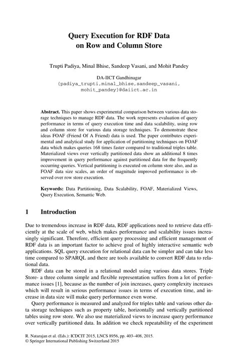Pdf Query Execution For Partitioned Rdf Data On Row And Column Store
