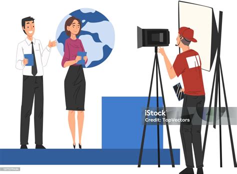텔레비전 산업 텔레비전에 카메라맨과 함께 방송 발표자 뉴스 Tv 쇼 스튜디오 만화 스타일 벡터 일러스트 고객 서비스 담당자에