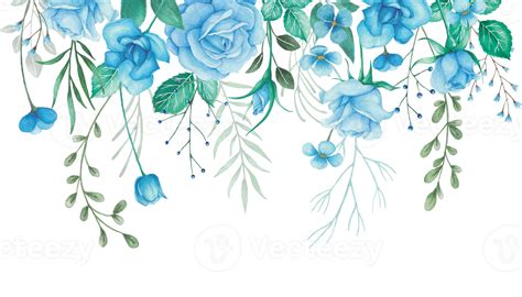Arranjo De Borda De Flores Em Aquarela Com Rosas Azuis E Ilustração De