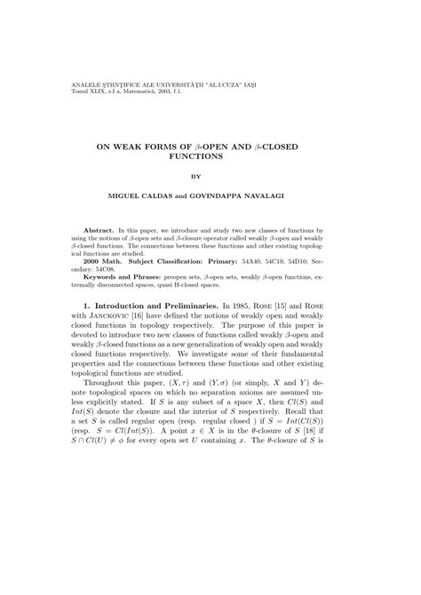 Pdf On Weak Forms Of β Open And β Closed Functions