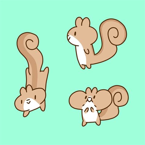 Three Cartoon Squirrels With Their Tails Curled Up And Facing Different Directions On A Green