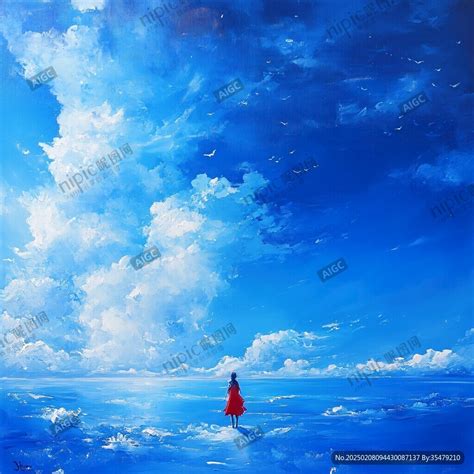 Ai创作图插画蓝天大海 插画海平面 海天一色绘画 手绘蓝天大海 孤独感插画 蓝色调意境梦境梦幻 多云海面深蓝 蓝调意境画 海天一色艺术画 孤舟插画 孤独背影插画 白云蓝色海洋 孤独的灵魂插画