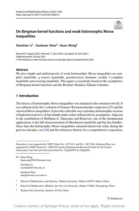 On Bergman Kernel Functions And Weak Holomorphic Morse Inequalities Request Pdf