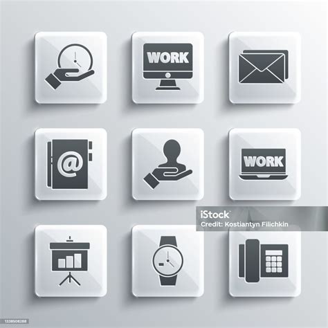 세트 손목 시계 전화 텍스트 작업 노트북 검색 사람들을위한 손 찰크 보드 다이어그램 주소록 시계 및 봉투 아이콘 벡터 검색에 대한 스톡 벡터 아트 및 기타 이미지 Istock