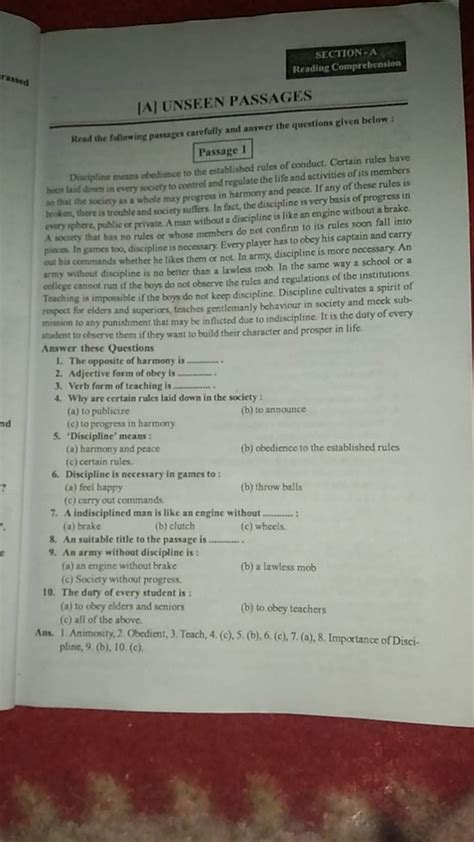 A Unseen Passages Read The Following Passages Carefully And Answer The