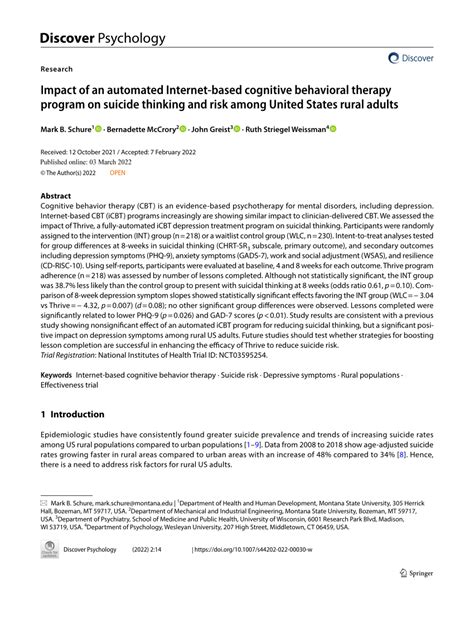 Pdf Impact Of An Automated Internet Based Cognitive Behavioral Therapy Program On Suicide