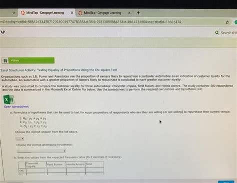 solved excel structured activity testing equality of