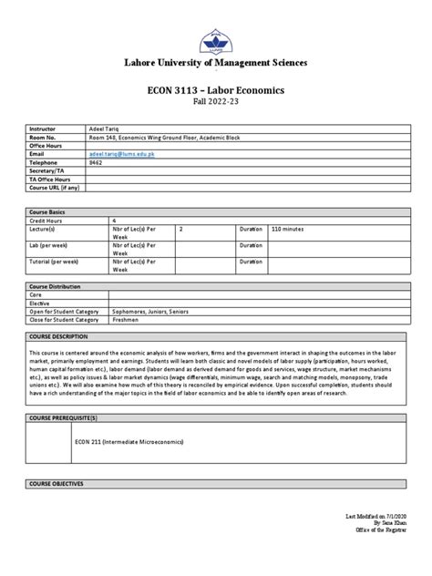 Econ 3113 Course Outline Pdf Labour Economics Economics