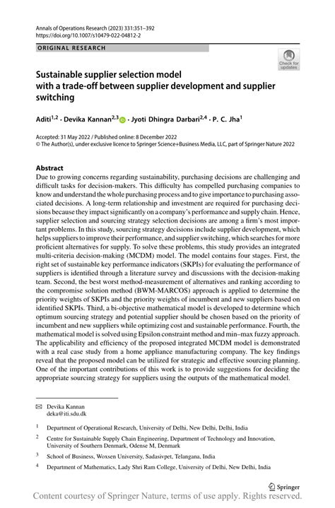 Sustainable Supplier Selection Model With A Trade Off Between Supplier