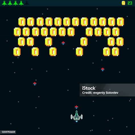 동전 픽셀 공간 게임 픽셀 아트 아케이드 게임 템플릿 트렌디 한 90 년대에서 영감을 복고풍 8 비트 게임 공간 장소 별빛