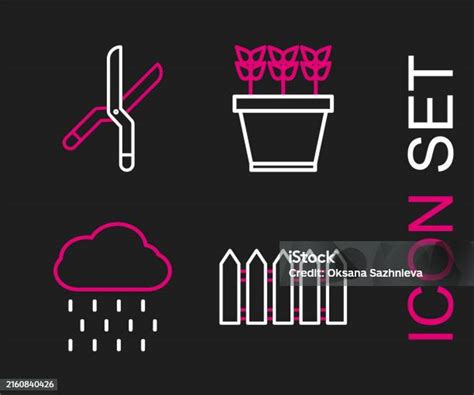 세트 라인 정원 울타리 나무 비와 구름 식물 냄비 및 원예 수제 가위 아이콘 벡터 0명에 대한 스톡 벡터 아트 및 기타 이미지 0명 구름 기상학 Istock
