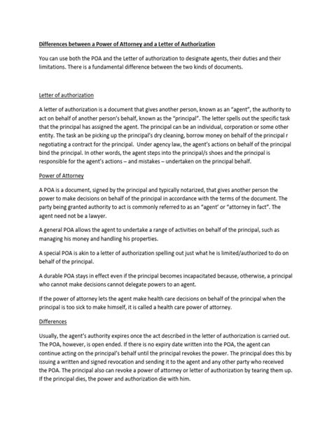 Poa Vs Letter Of Authorization Explained Pdf Power Of Attorney