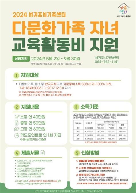 서귀포시 저소득 다문화가족 자녀 교육활동비 지원 신청하세요