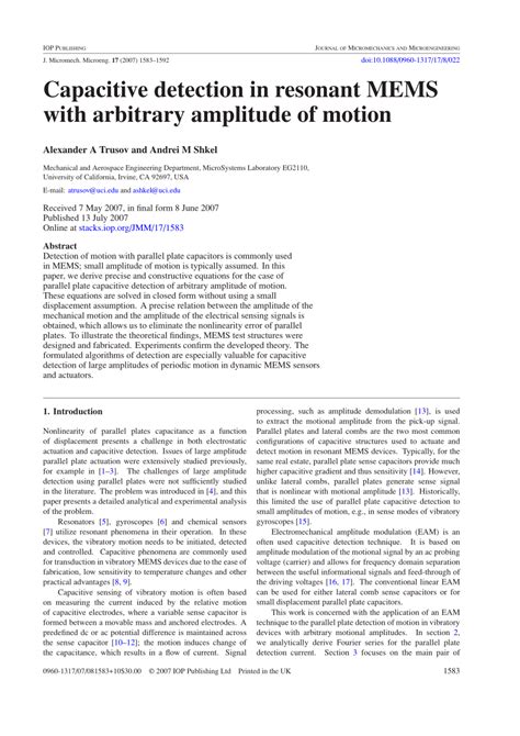 Pdf Capacitive Detection In Resonant Mems With Arbitrary Amplitude Of Motion