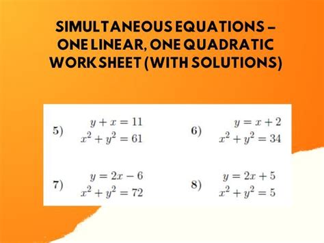 Simultaneous Equations One Linear One Quadratic Worksheet With Solutions Teaching Resources