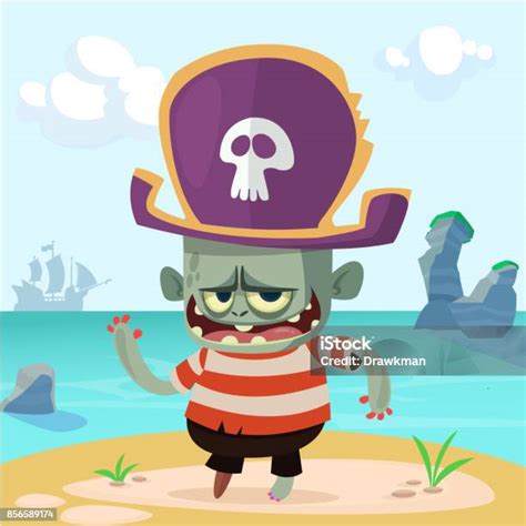 벡터 만화 해 적 좀비의 그림입니다 해 적 해골 엠 블 럼이 각 모 모자에서 할로윈 좀비 마스코트 배와 바위와 바다 배경에 절연 바다에 대한 스톡 벡터 아트 및 기타 이미지