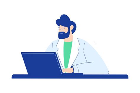 화학 와 수염 난 남자 과학자 성격 책상 에서 노트북 와 앉아 에 벡터 일러스트 레이 션 개념에 대한 스톡 벡터 아트 및 기타