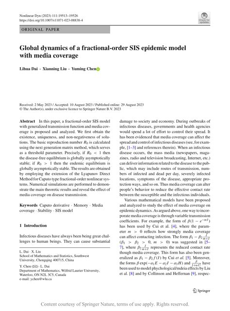 Global Dynamics Of A Fractional Order Sis Epidemic Model With Media Coverage Request Pdf