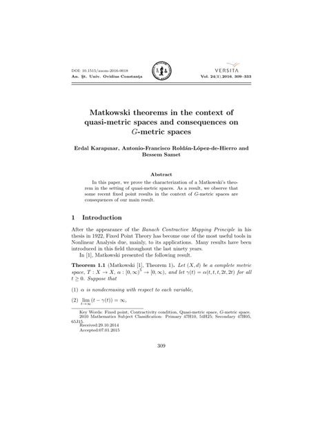 PDF Matkowski Theorems In The Context Of Quasi Metric Spaces And Consequences On G Metric Spaces