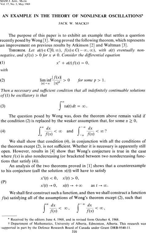 An Example In The Theory Of Nonlinear Oscillations Siam Journal On
