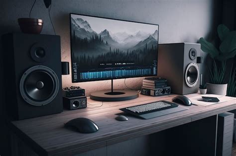 Premium Photo Illustration Desk With Keyboard Monitors Speakers And