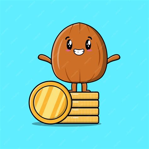 평면 만화에서 누적된 금화 벡터 일러스트 레이 션에 서 있는 귀여운 만화 아몬드 너트 캐릭터 프리미엄 벡터