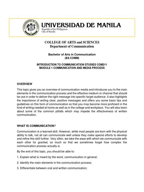 Intro Comm Media Module 1 Communication And Media Process Pdf Communication Disability