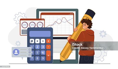 비용 최적화 개념 계산기와 그래프 다이어그램 및 차트 근처에 거대한 연필을 가진 남자 재정적 이해력 및 비용 관리 가격 인하 플랫 벡터 일러스트 레이 션 가격에 대한 스톡