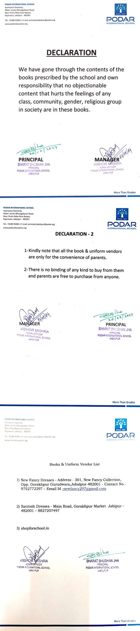 Cbse Declaration Letter And Book List Podar International School Madhya Pradesh