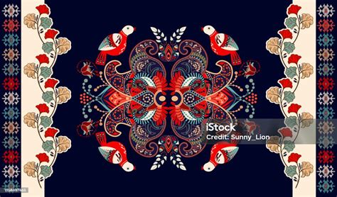 양탄자 수건 카펫 직물 직물 커버를위한 다채로운 인도 벡터 디자인 밝은 꽃 양식에 일치시키는 장식 모티브 장식 센터와 직사각형 민족 꽃 디자인 새와 꽃 패턴에 대한 스톡