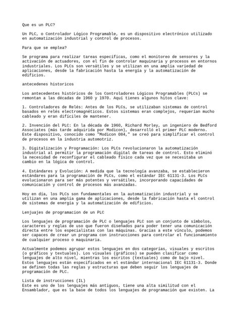Que Es Un Plc Pdf Controlador Lógico Programable Lenguaje De Programación