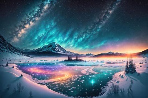 Premium Ai Image A Frozen Lake With A Colorful Sky And Stars