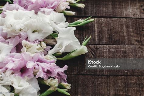 소박한 나무 배경 평면에 아름 다운 분홍색과 흰색 Gladioluses 하다 소박한 갈색 나무 텍스트 공간에 다채로운 Gladioli 휴가 인사말 카드 꽃 봄 이미지 갈색에