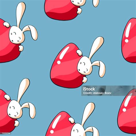 계란 완벽 한 패턴으로 귀여운 부활절 토끼 파란색 배경에 부활절 달걀과 함께 토끼를 낙서 계절에 대한 스톡 벡터 아트 및 기타 이미지 Istock